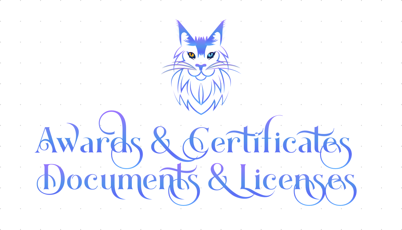 Accreditations, Awards, Certifications for Maine Coon Breeder, SlowBlink